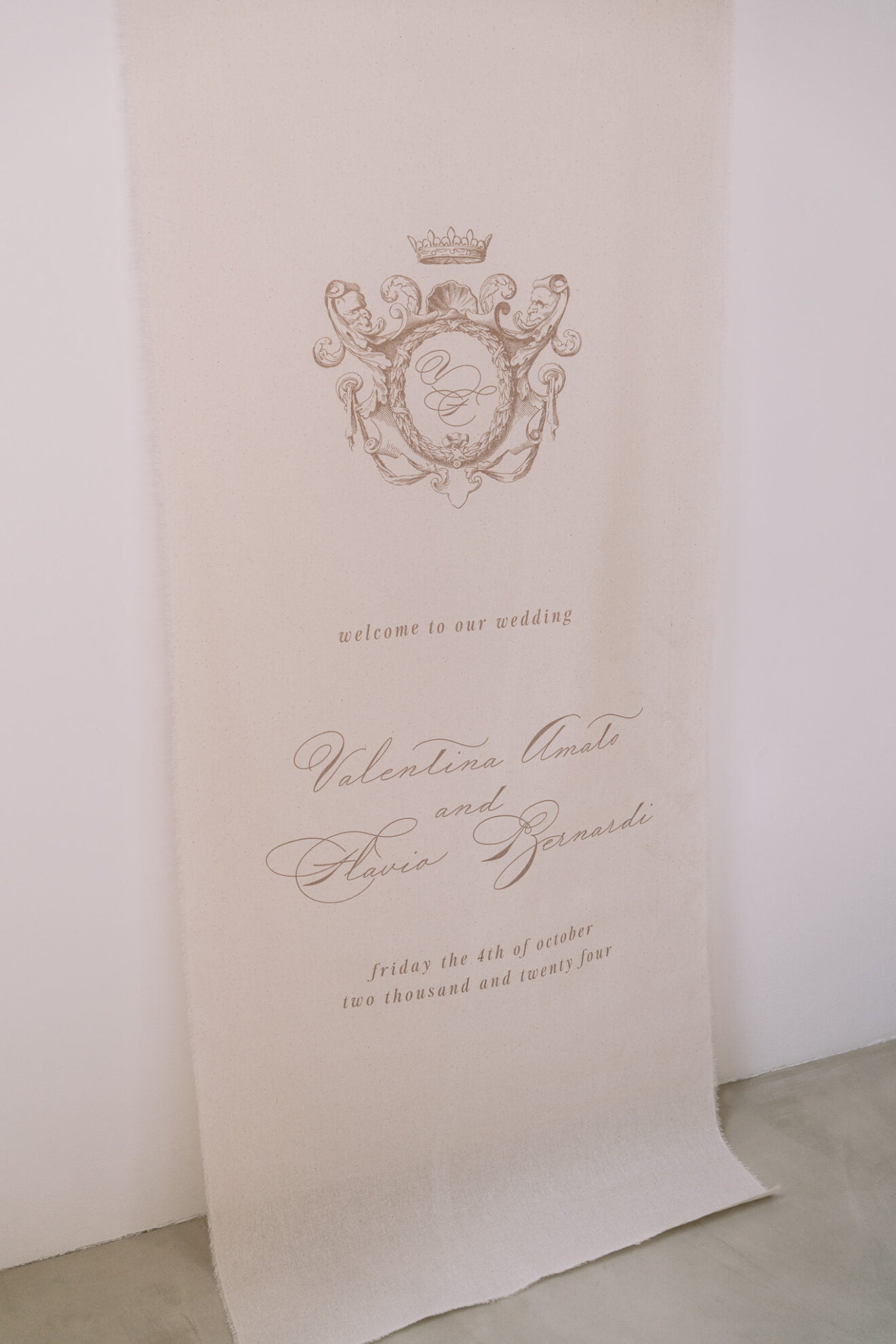 Monogram Crest Welcome Wedding Fabric Banner - PAPIRA